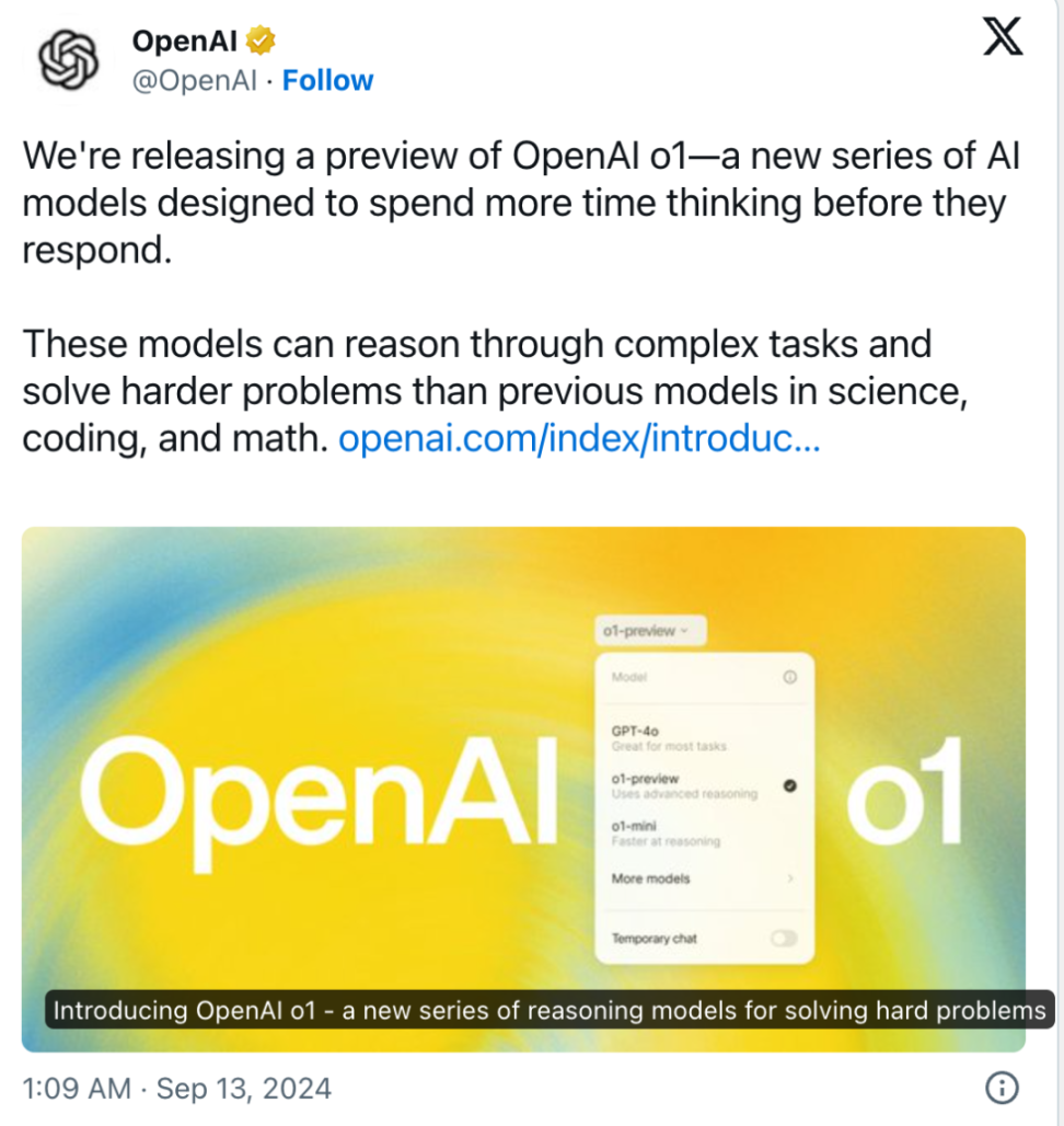 速递|突发!openai 凌晨发布 O1 系列推理模型的两个 O1 Preview 以及 O1 Mini,旨在真正像人类一样思考 Foresight News